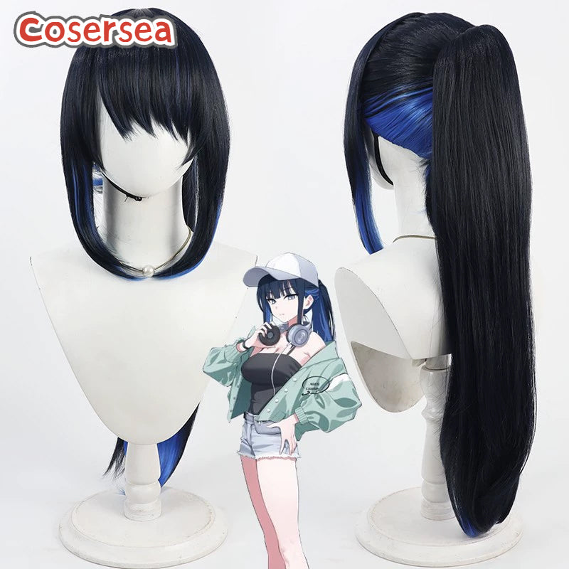 Cosersea Blue Archive Jomae Saori 60cm Mixed Blue Ponytail Cosplay Wig ...